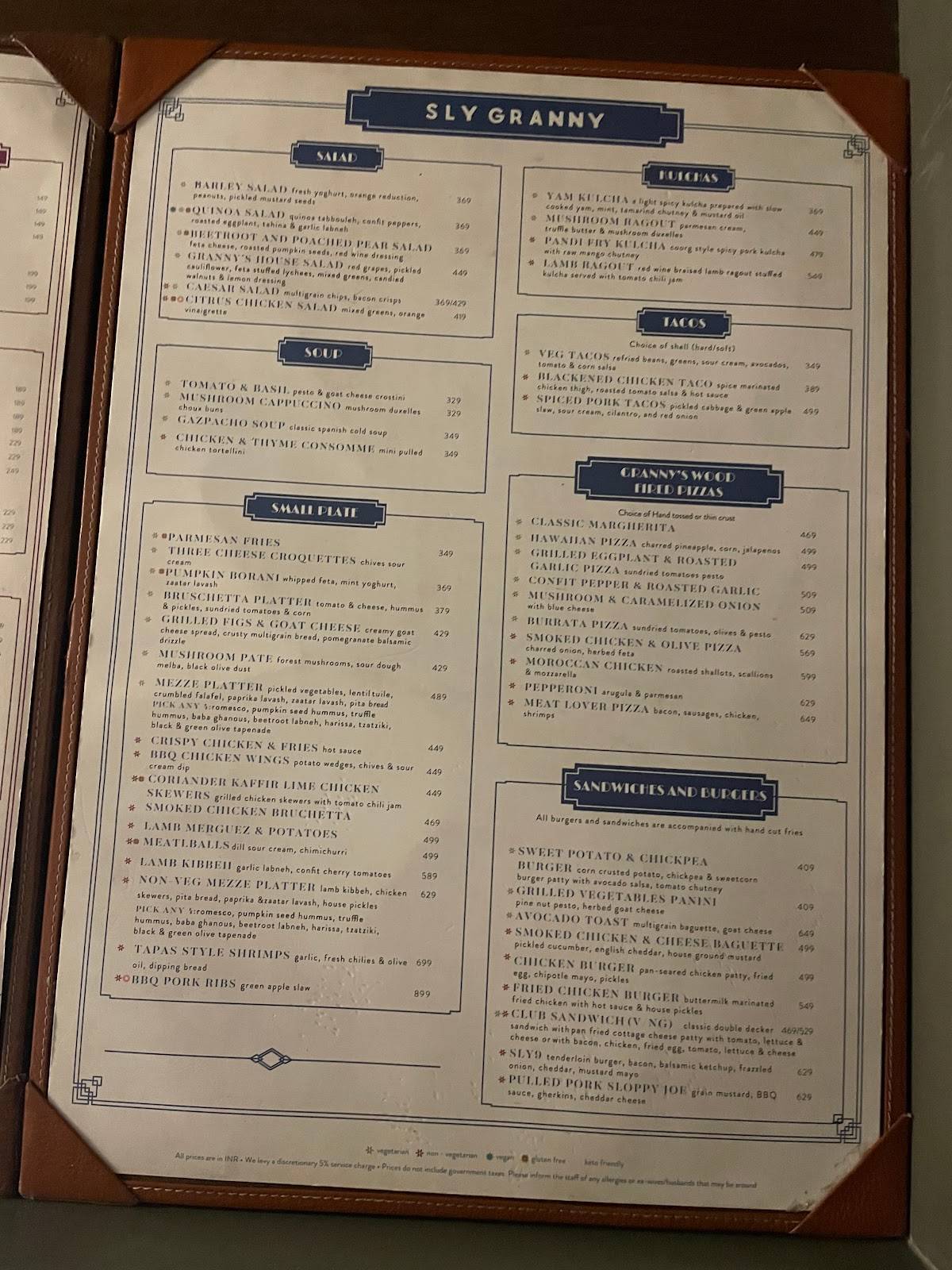 Menu at Sly Granny, Dehradun
