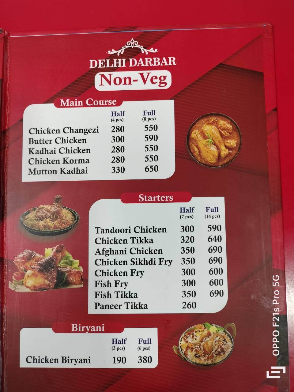 Menu at Delhi Darbar, Shimla