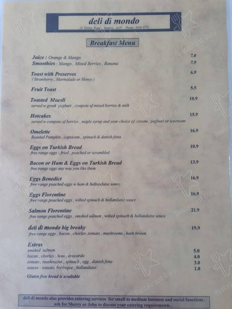 Menu at Deli Di Mondo restaurant, Attadale