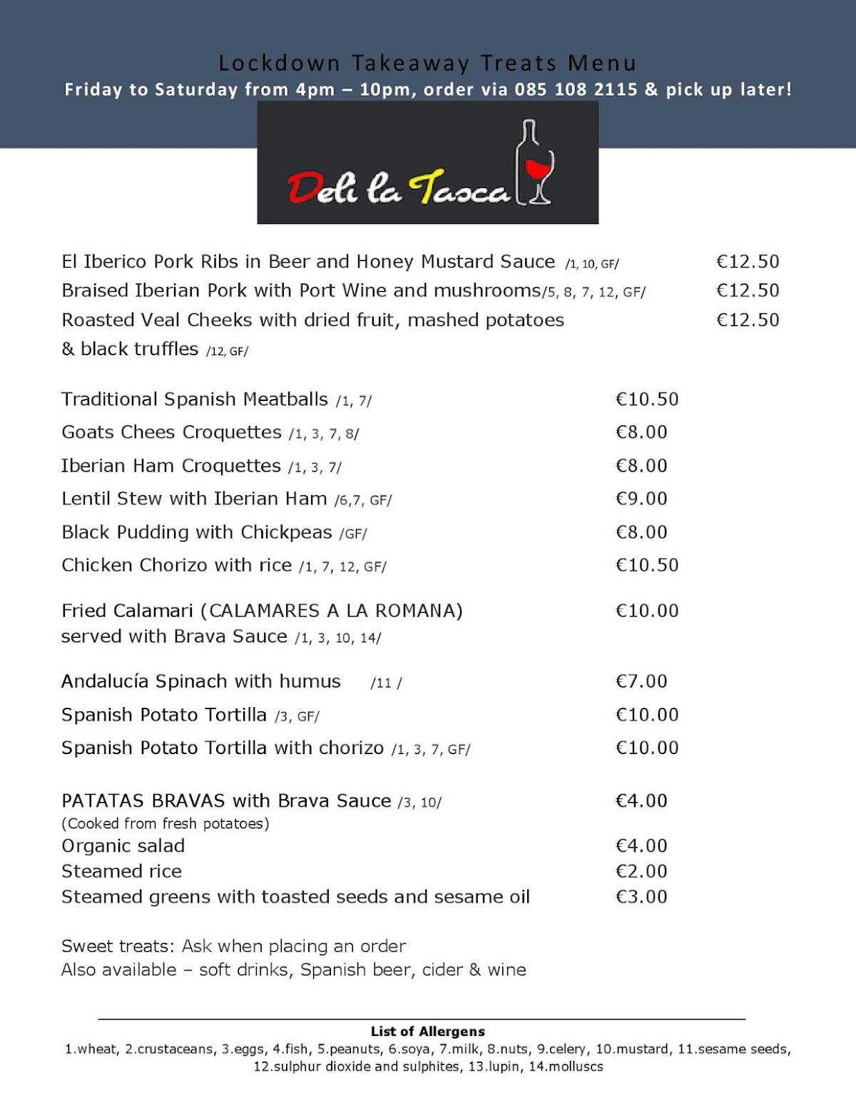 Menu at Deli La Tasca restaurant, Galway