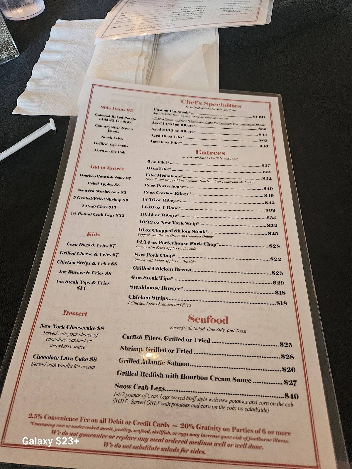 Menu at Delta Steakhouse, Senatobia