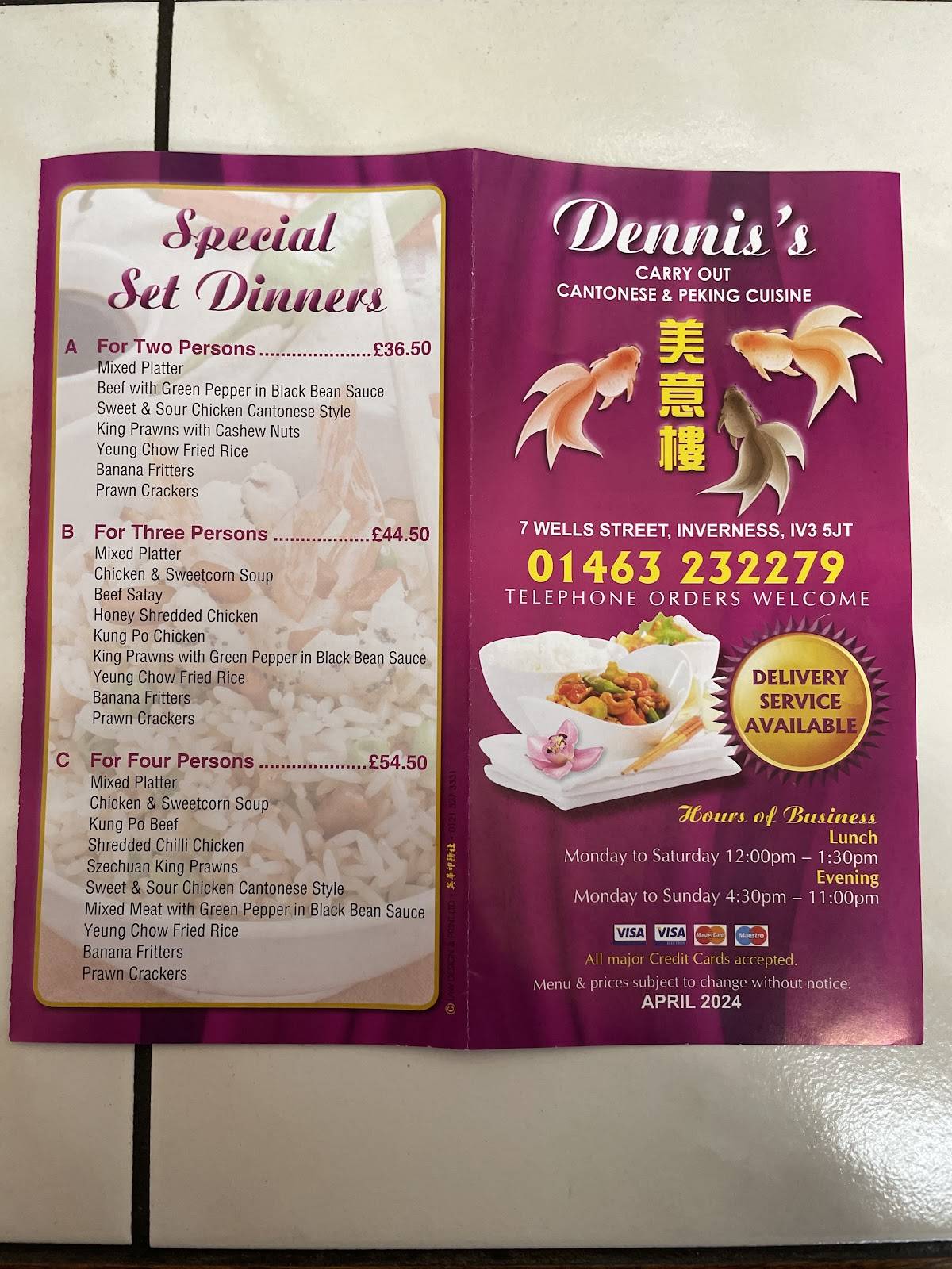 Menu at Dennis's Chinese Takeaway fast food, Inverness