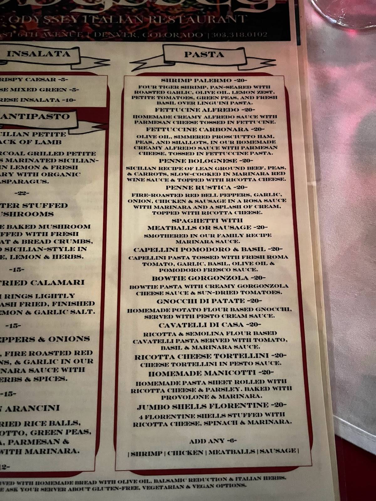 Menu at Odyssey Italian Restaurant, Denver, 603 E 6th Ave