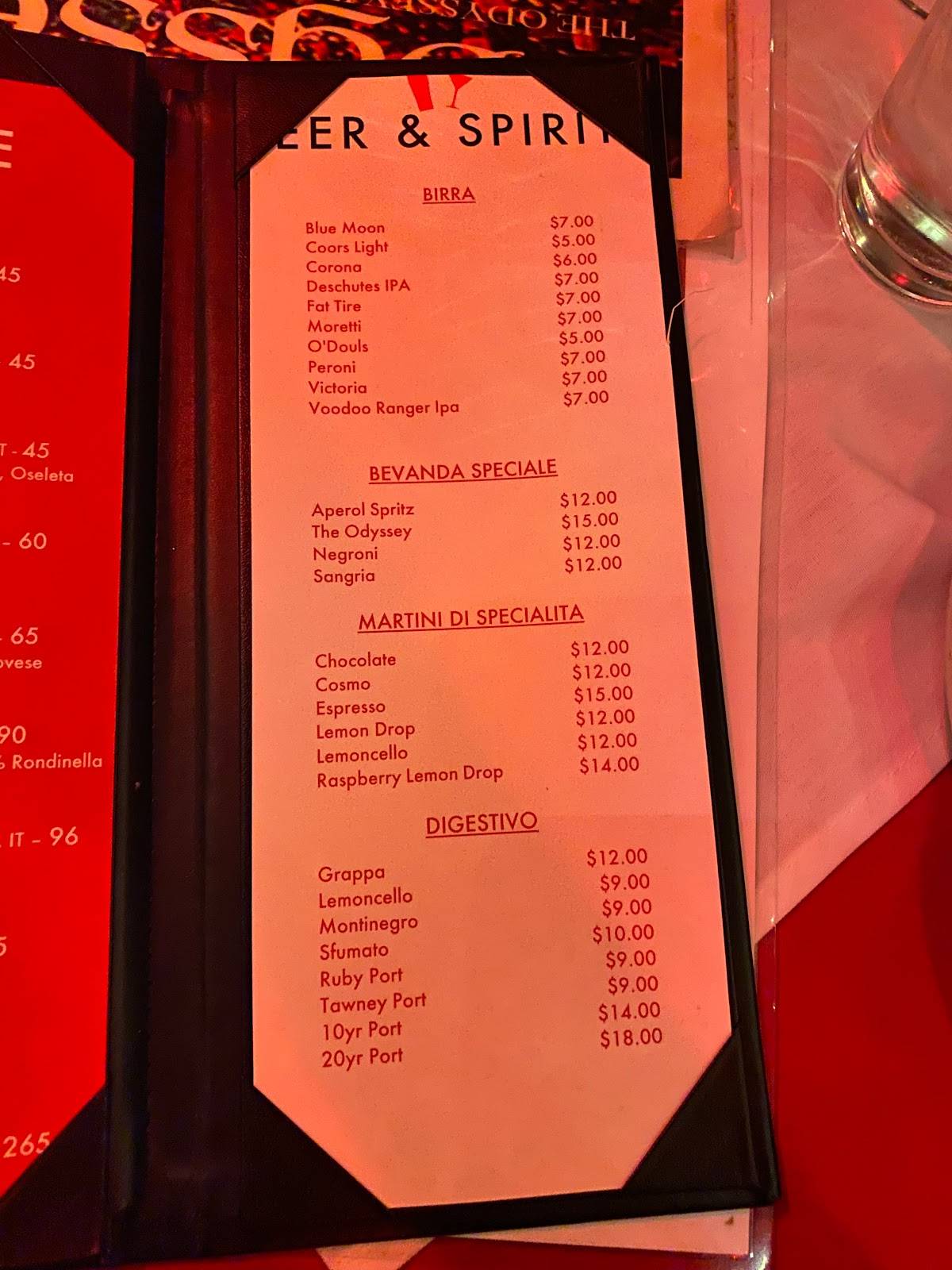 Menu at Odyssey Italian Restaurant, Denver, 603 E 6th Ave