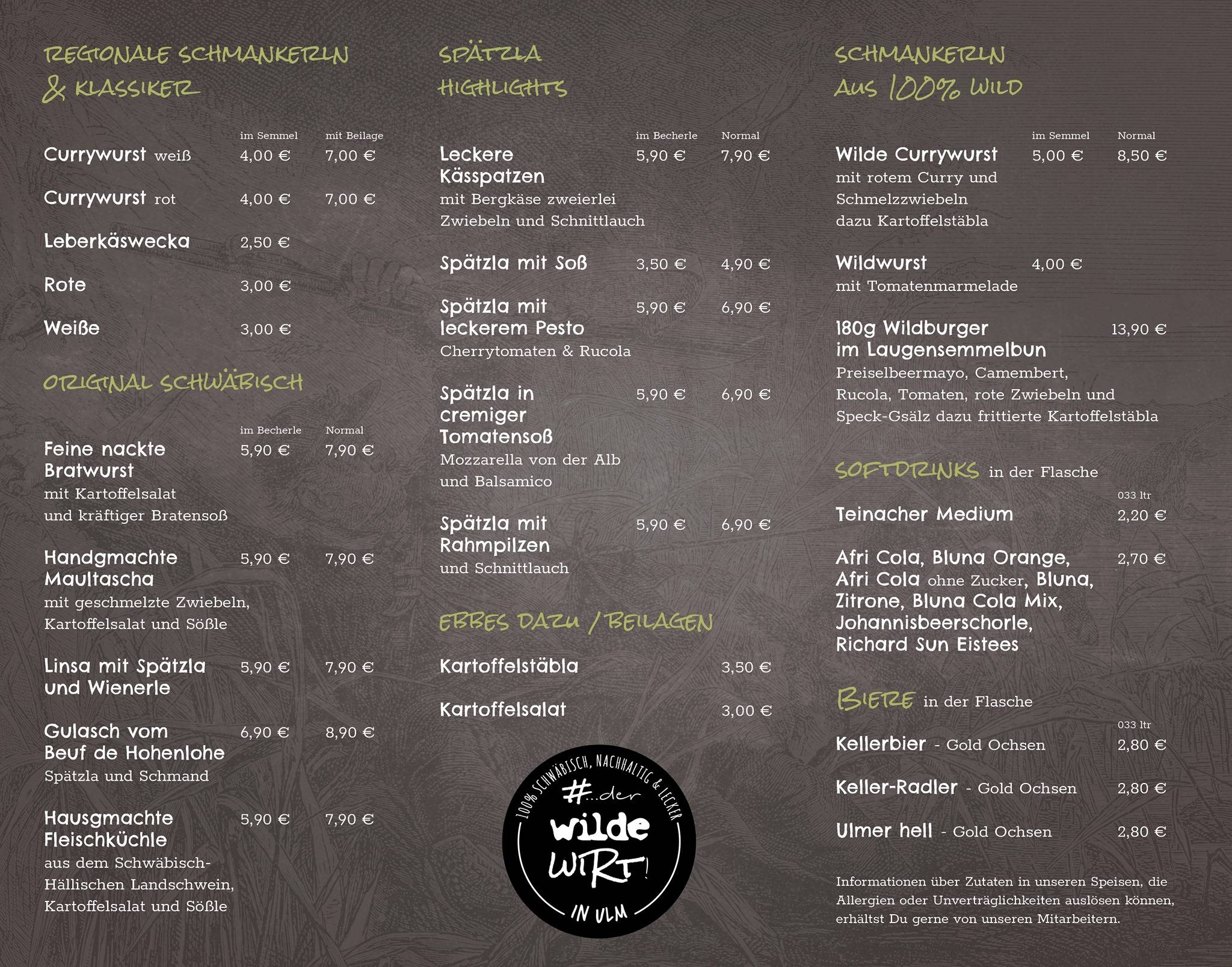 Speisekarte von Der wilde Wirt - Ulm restaurant, Ulm