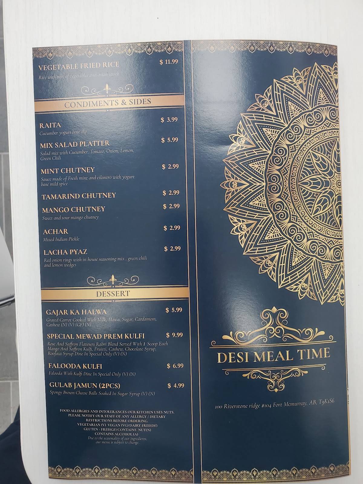 Menu at Desi Meal Time Indian Restaurant, Fort McMurray