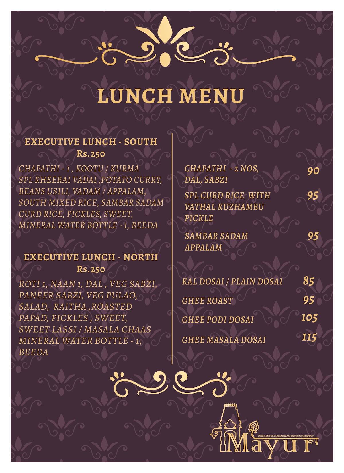 Menu at Mayur Sweets, Spices & Cafe (Unit of Annalakshmi SSS), Chennai
