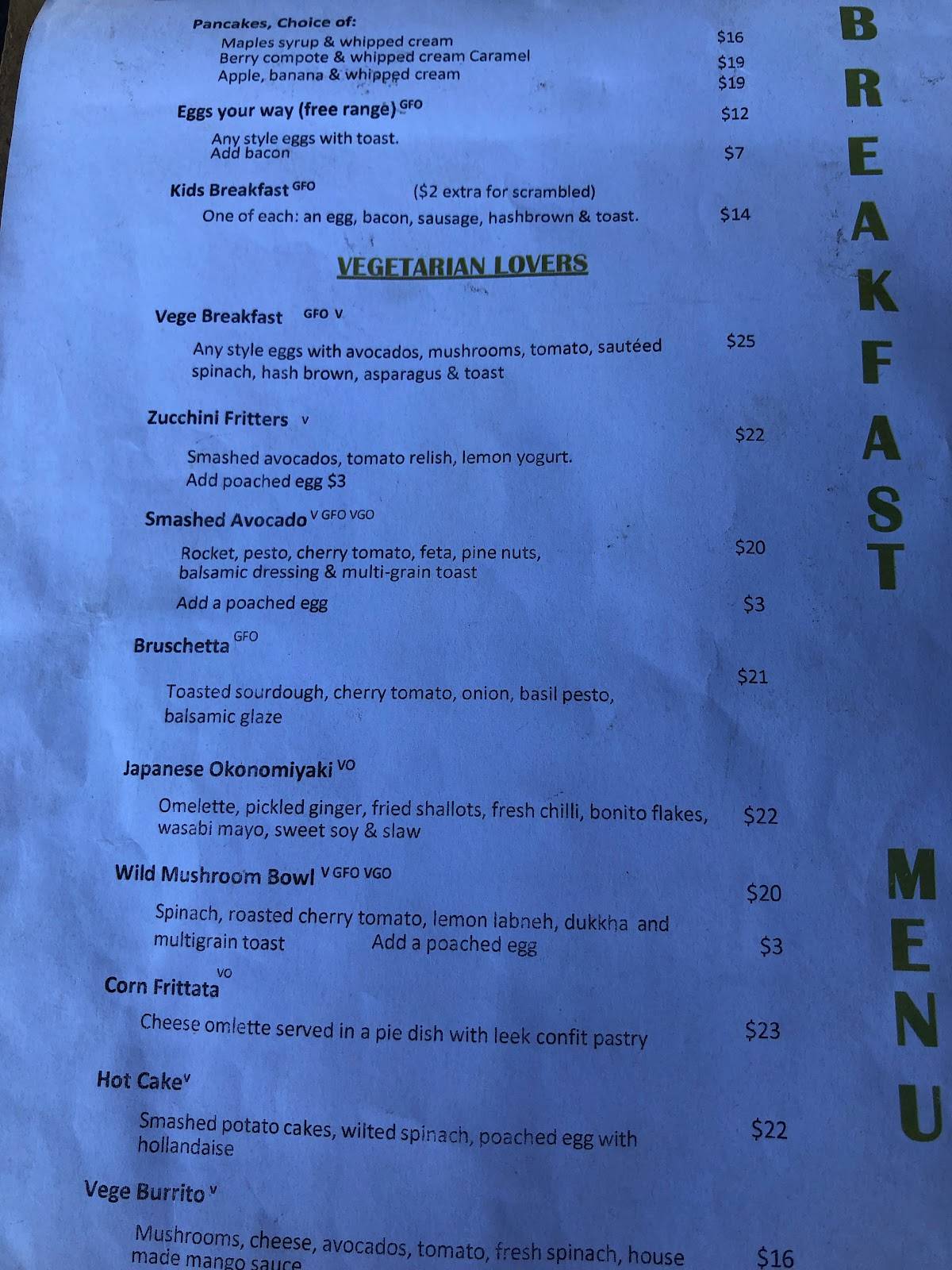 Menu at Zephyr Cafe, East Fremantle