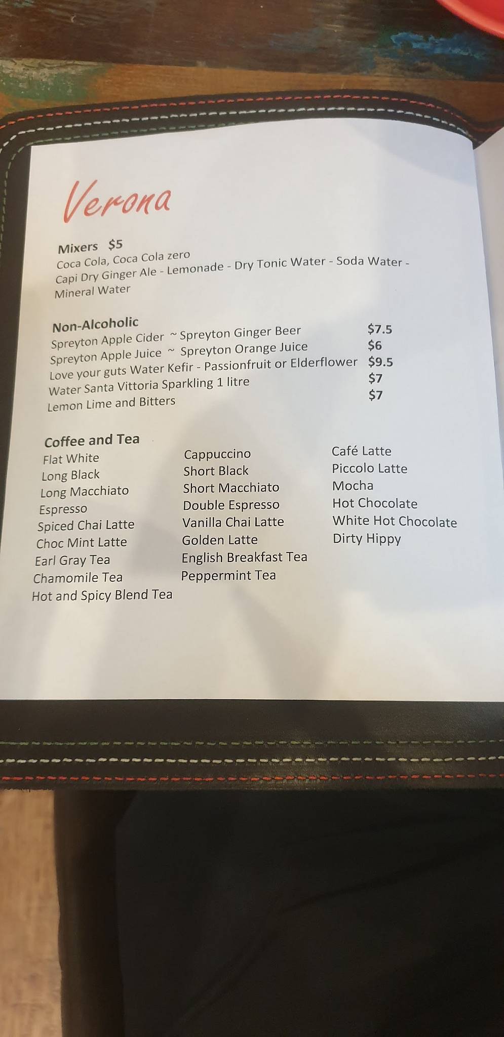 Menu at Verona Devonport restaurant, Devonport