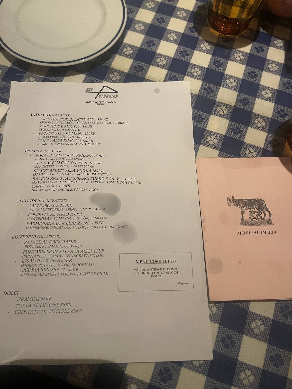 Menu at Di Penco restaurant, Malmö