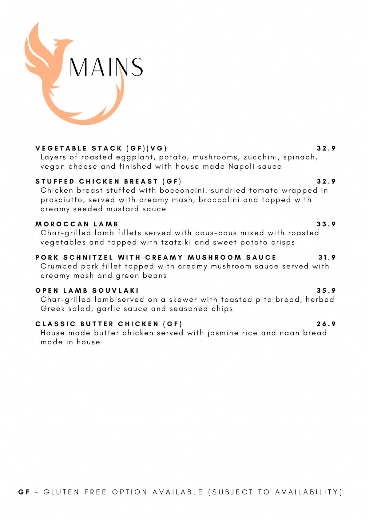 Menu at Phoenix and Co restaurant, Plenty
