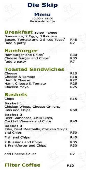 Menu at Die Skip pub & bar, Pretoria, 249 Danie Theron St