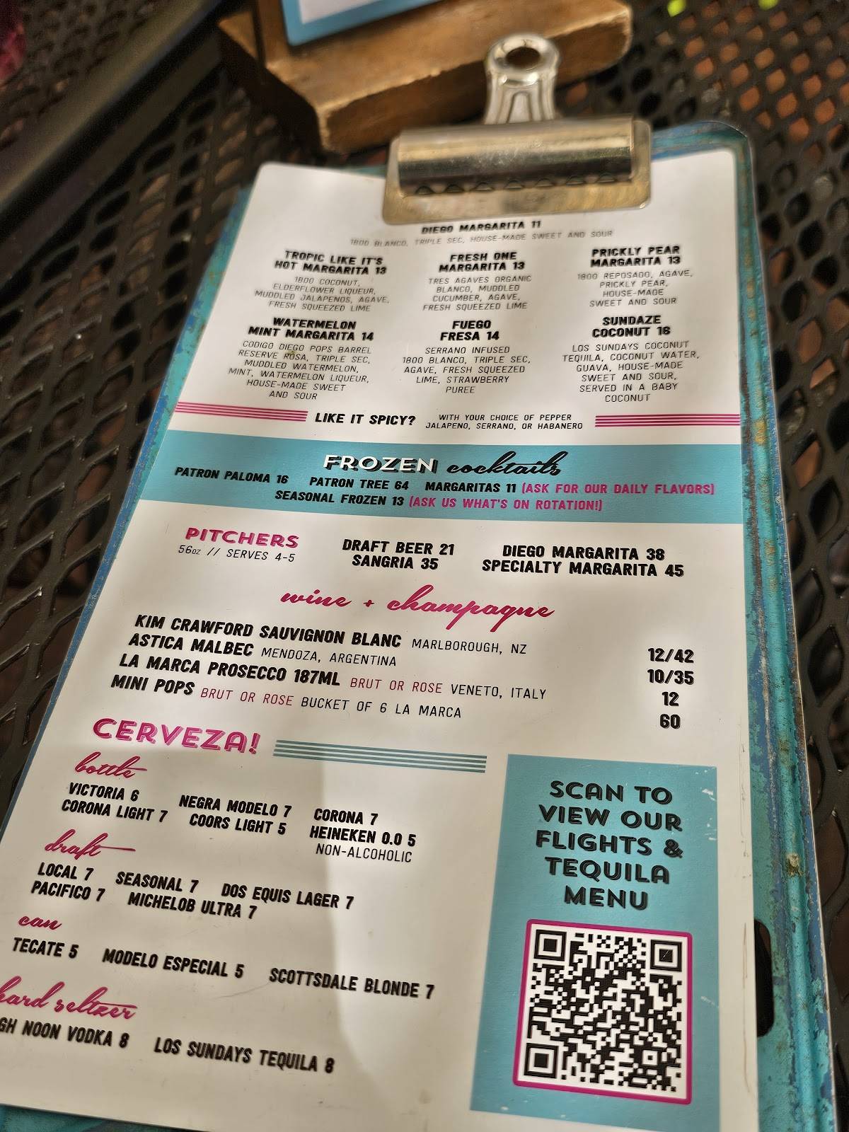 Menu at Diego Pops restaurant, Scottsdale