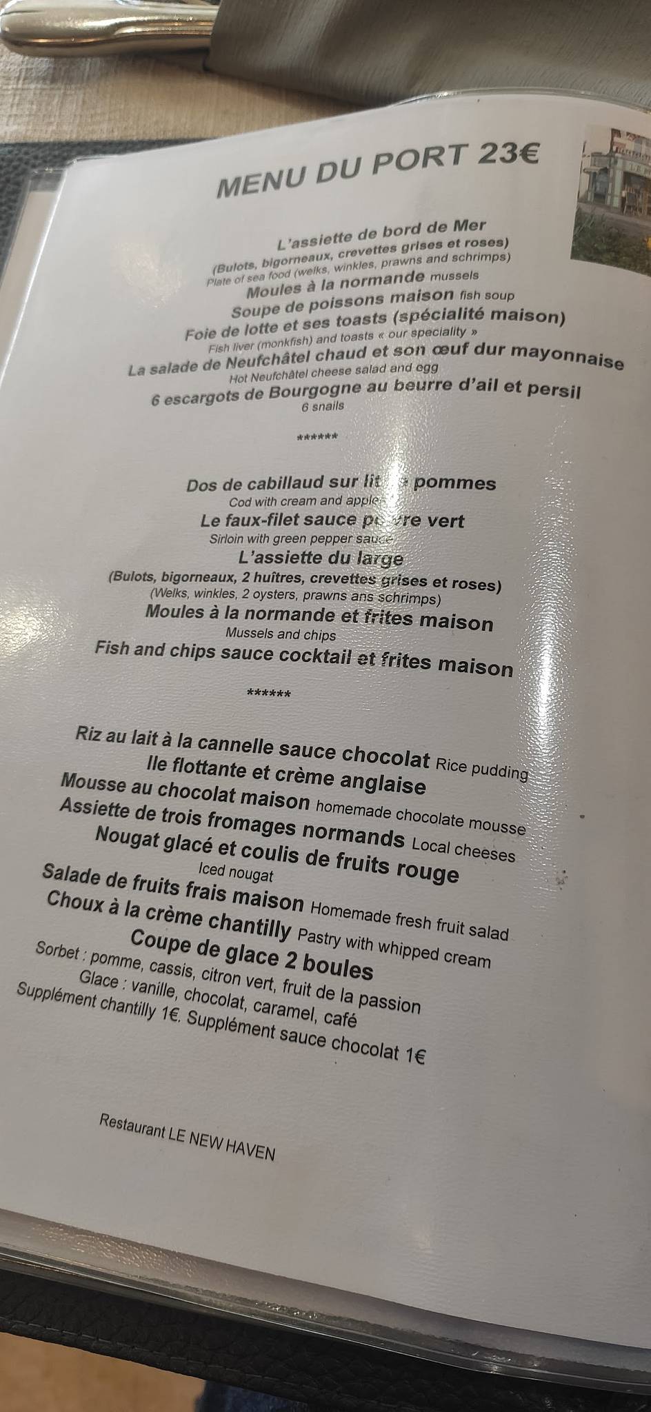 Carta del restaurante Le New Haven, Dieppe