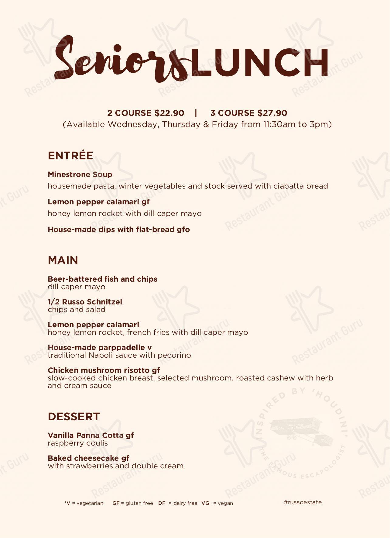 Menu at Russo Estate Winery restaurant, Diggers Rest