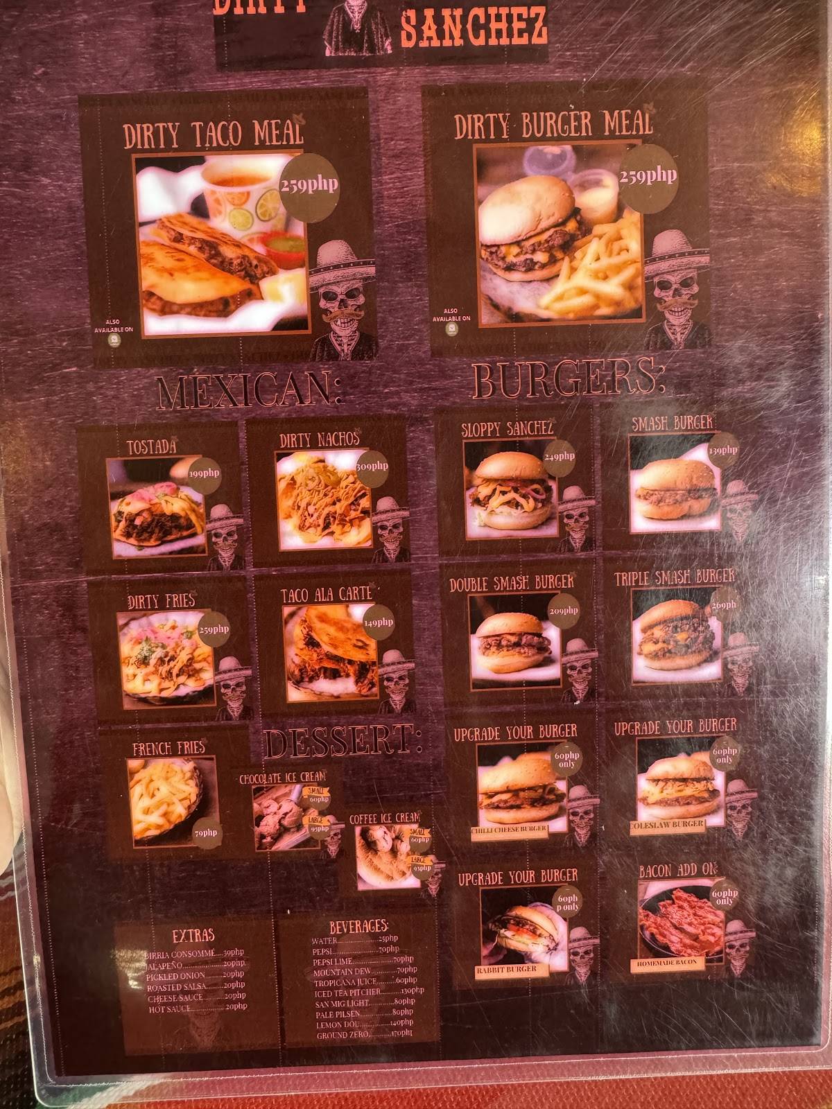 Menu at Dirty Sanchez Catalunan Pequeño restaurant, Davao City