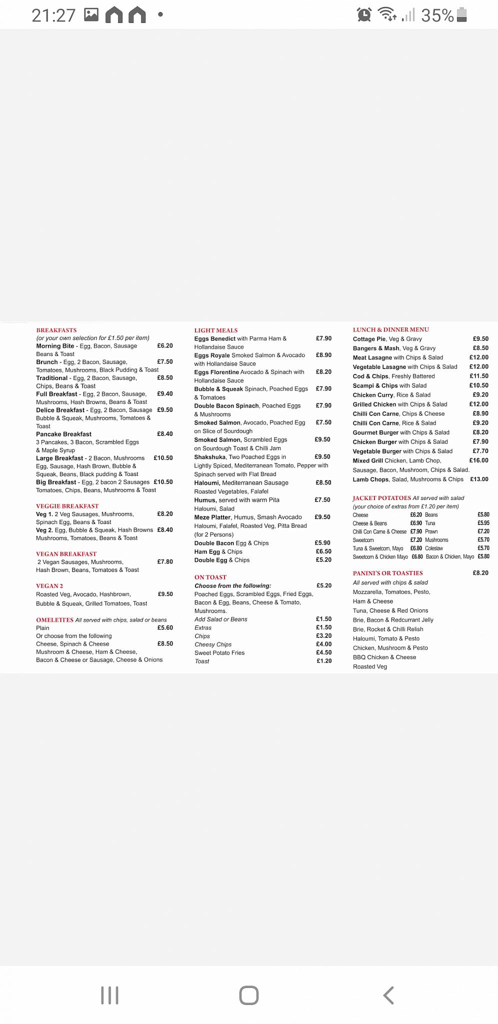 Menu at Cafe Delices, Diss