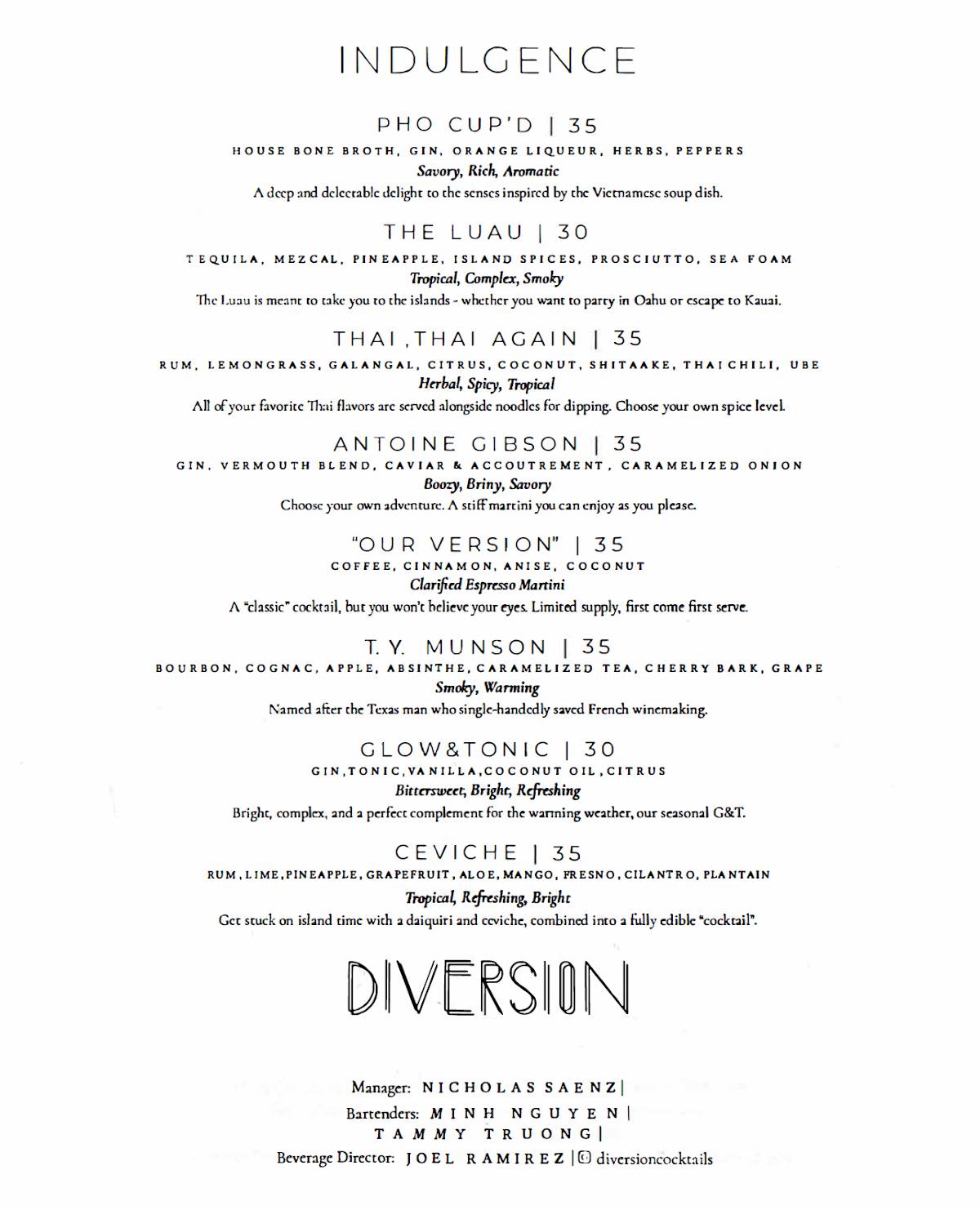Carta del pub y bar Diversion Cocktails, Houston