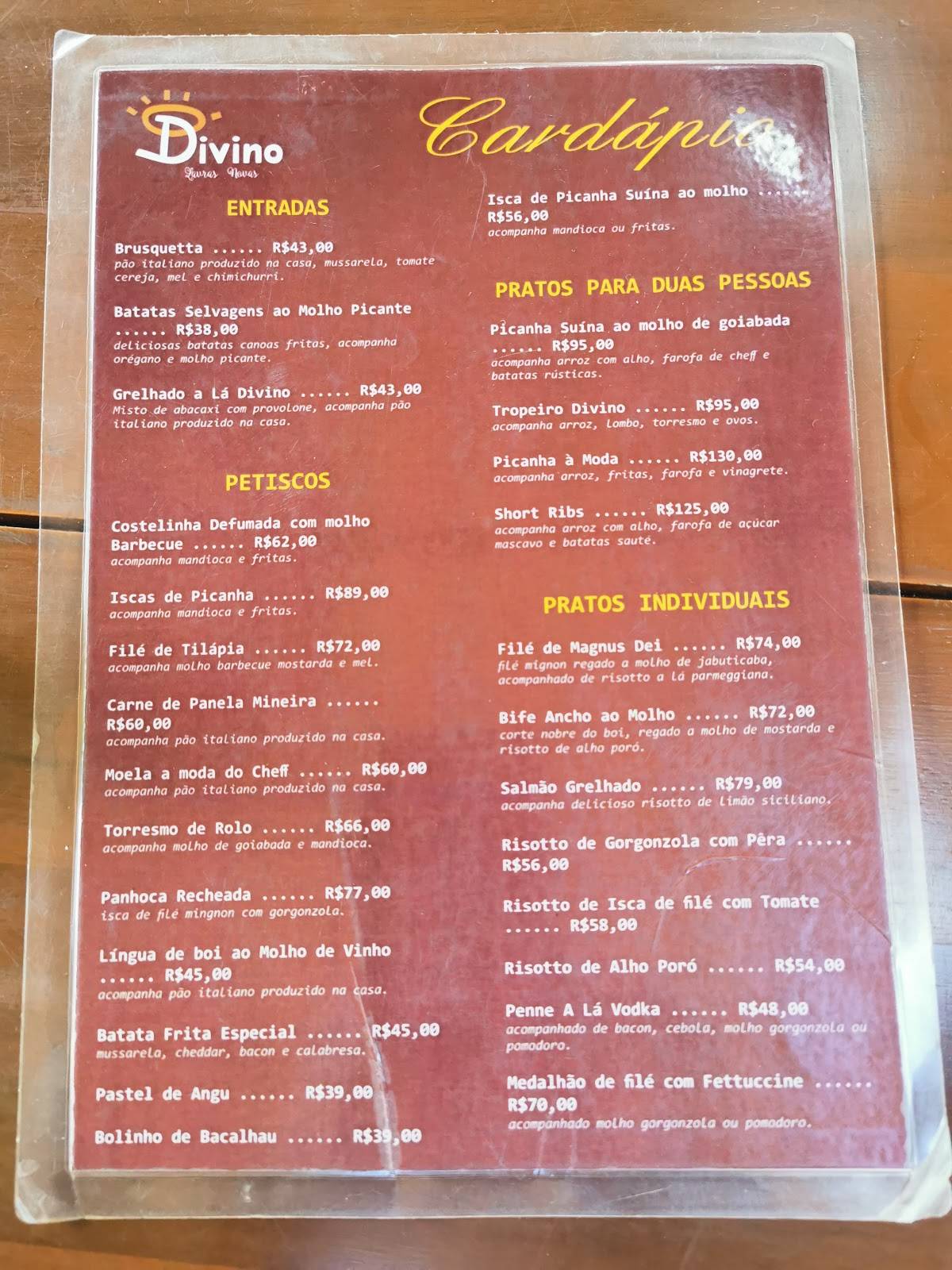 Menu em Divino Lavras Novas restaurante, Brasil