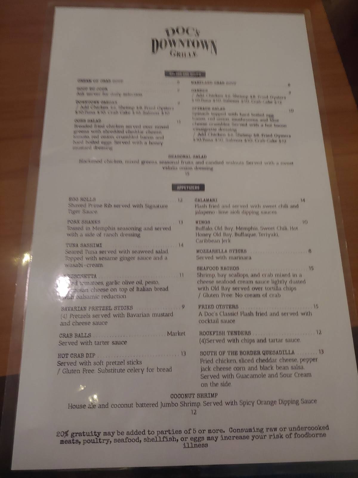 Menu at Doc's Downtown Grille restaurant, Easton