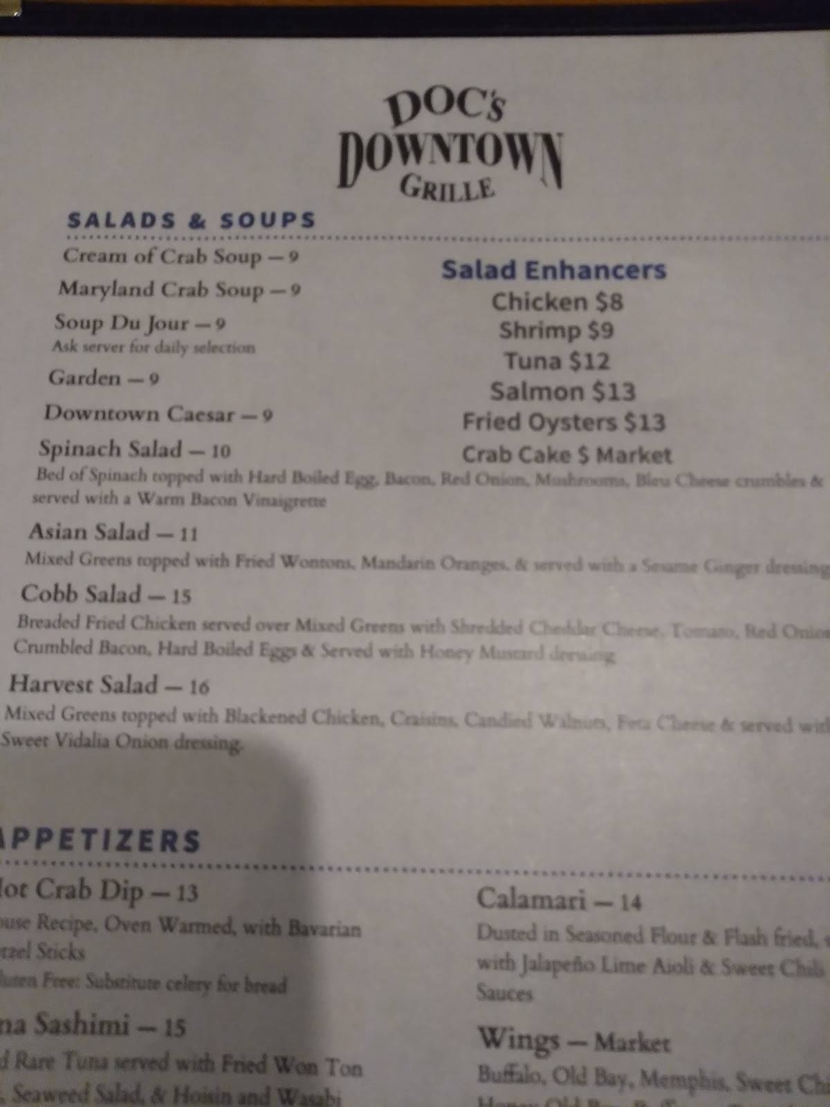 Menu at Doc's Downtown Grille restaurant, Easton