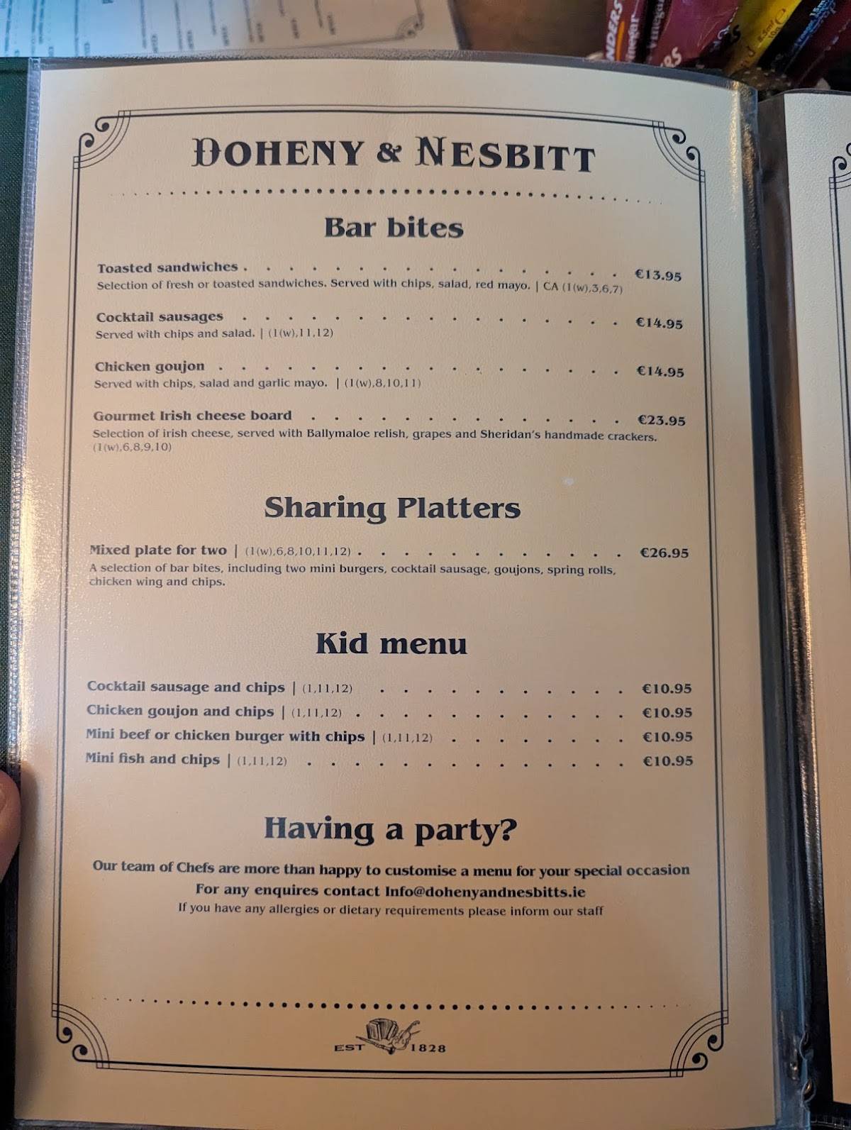 Menu at Doheny & Nesbitt pub & bar, Dublin, 5 Baggot Street Lower