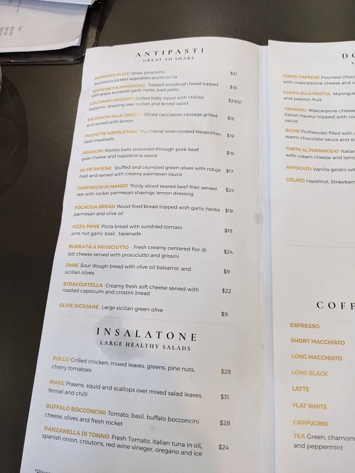 Menu at Dolce Bellissimo restaurant, Claremont