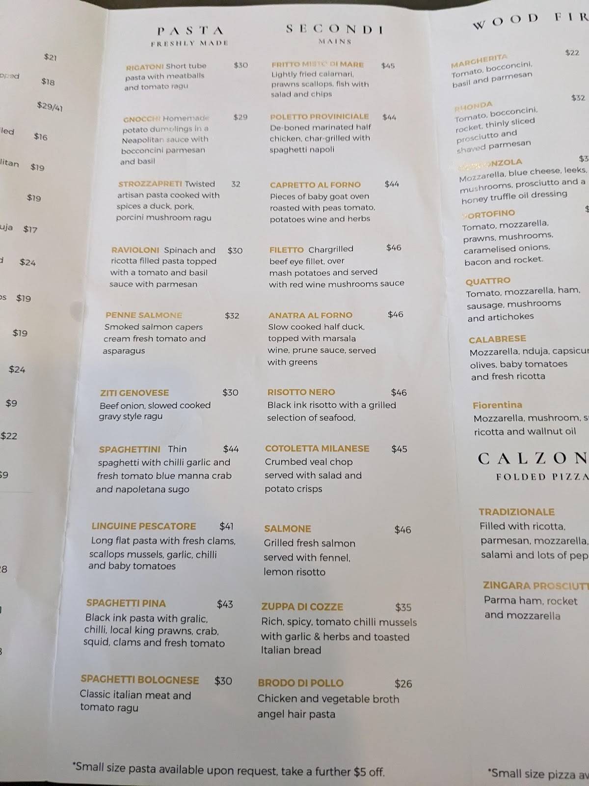 Menu at Dolce Bellissimo restaurant, Claremont