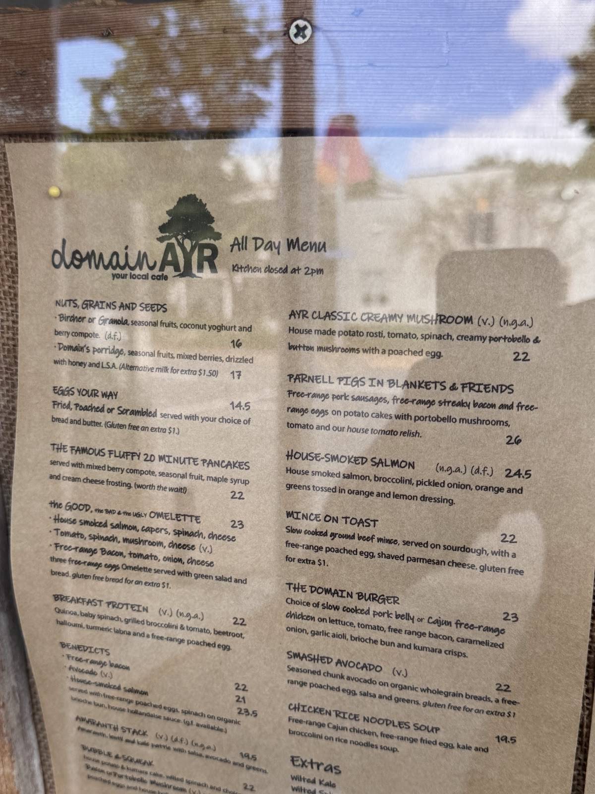 Menu at Domain & Ayr Cafe, Auckland