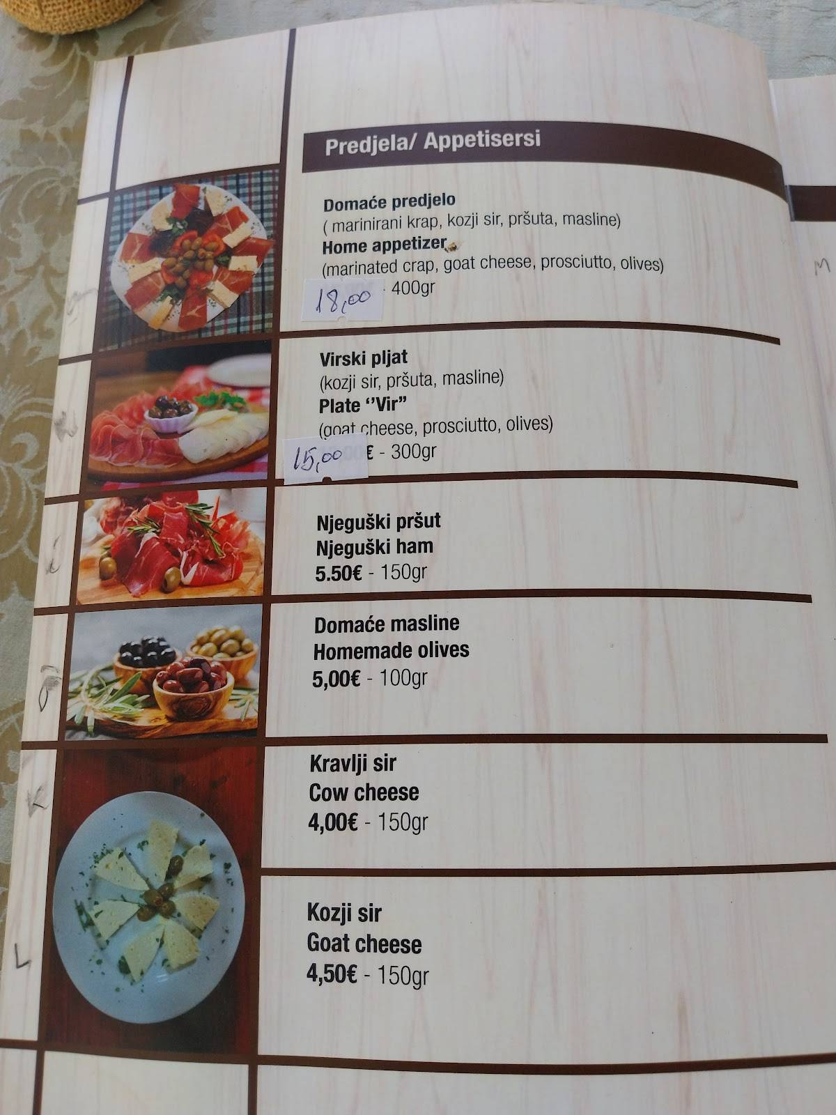 Speisekarte von Domestic cuisine restaurant, Virpazar