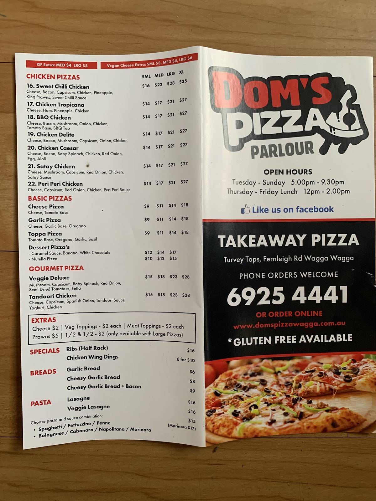 Menu at Dom's Pizza Parlour restaurant, Mount Austin