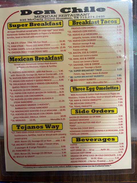 Menu at Don Chile Mexican Restaurant, Houston