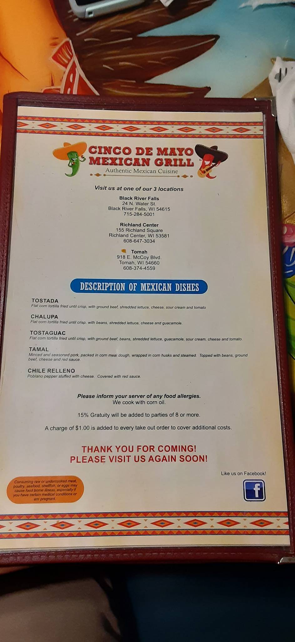 Menu at Don Cinco de Mayo Cantina pub & bar, Tomah, 918 E McCoy Blvd