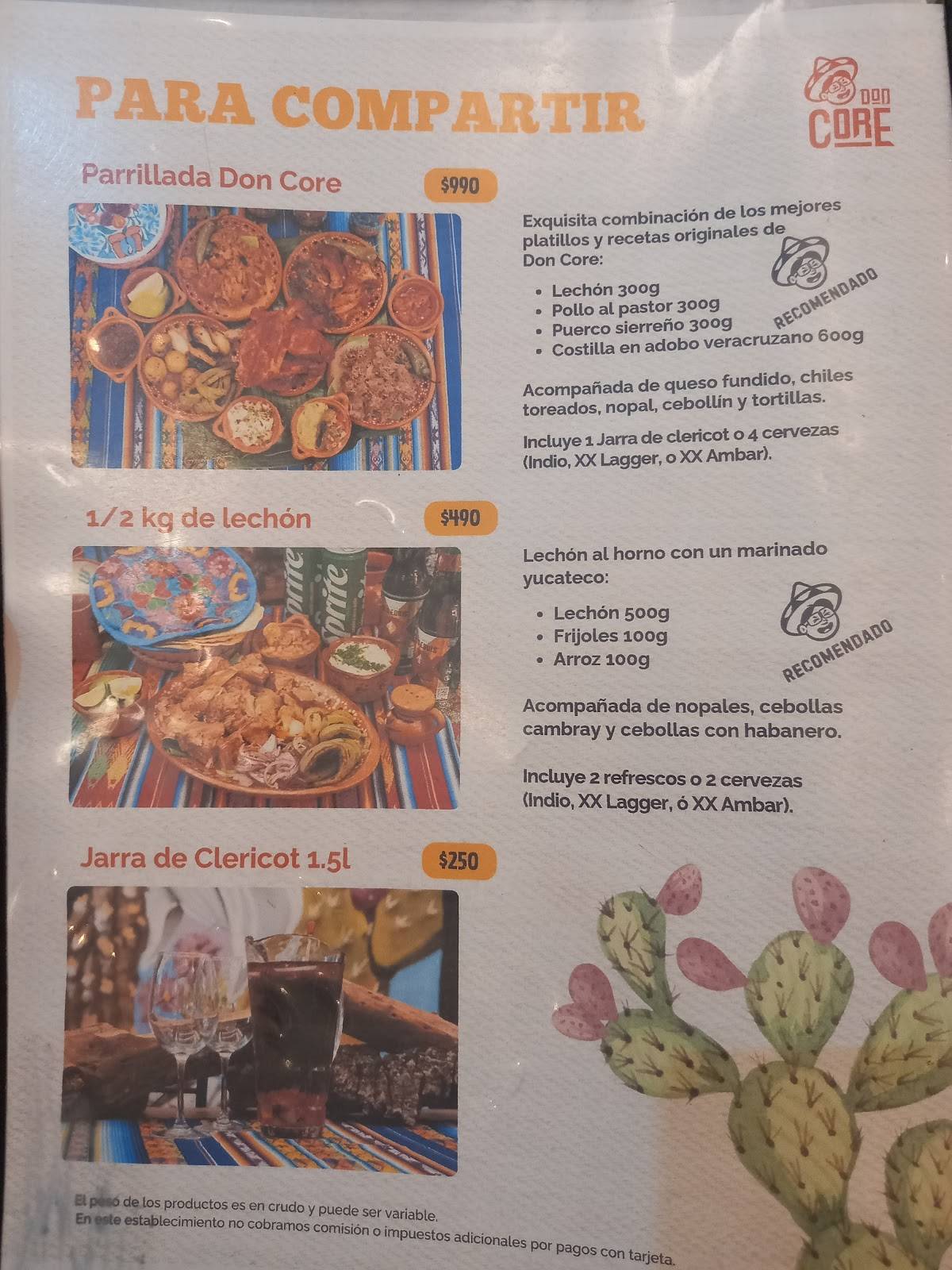 Carta del restaurante Don Core, Ciudad del México
