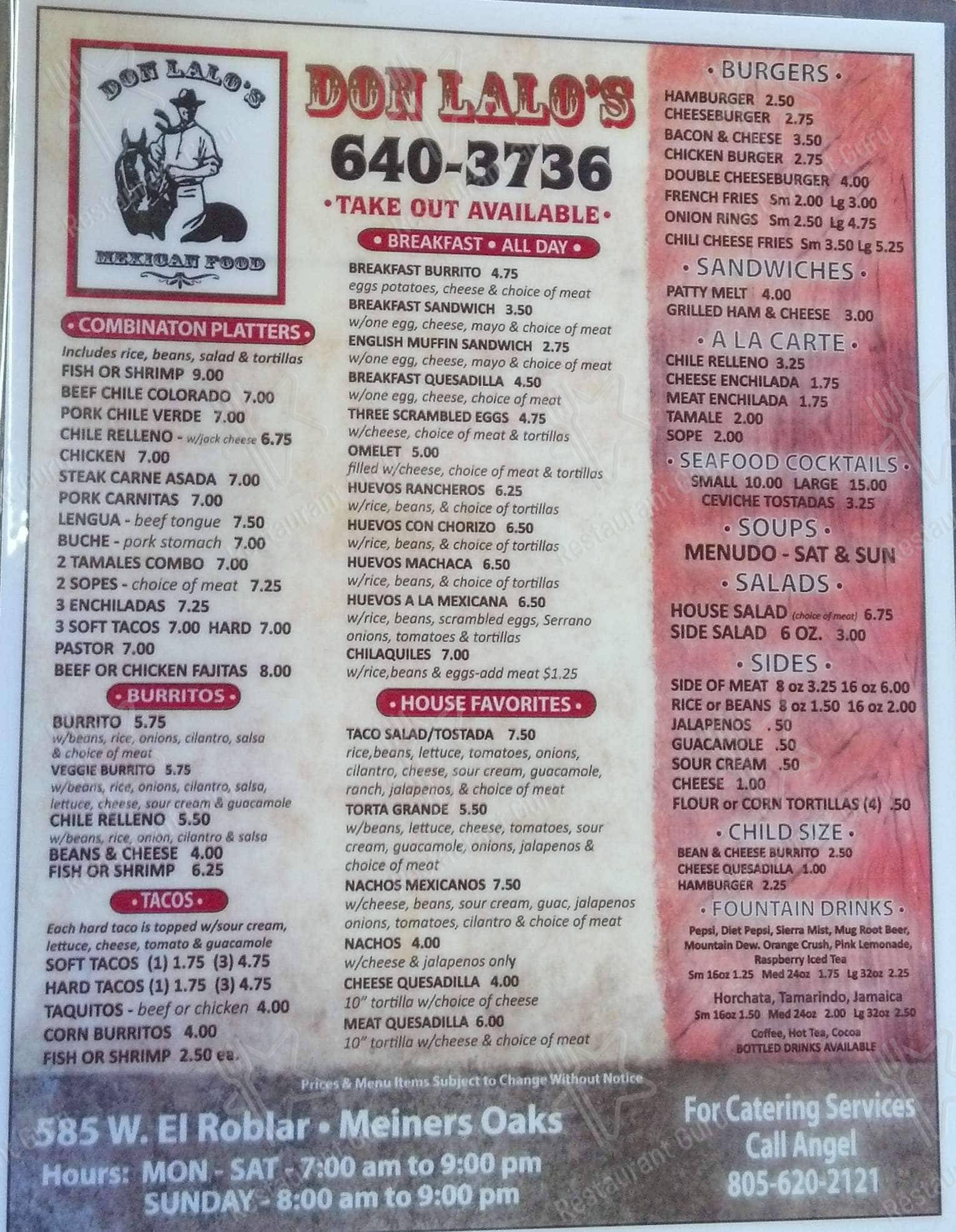 Menu at Don Lalos Mexican Food restaurant, Ojai