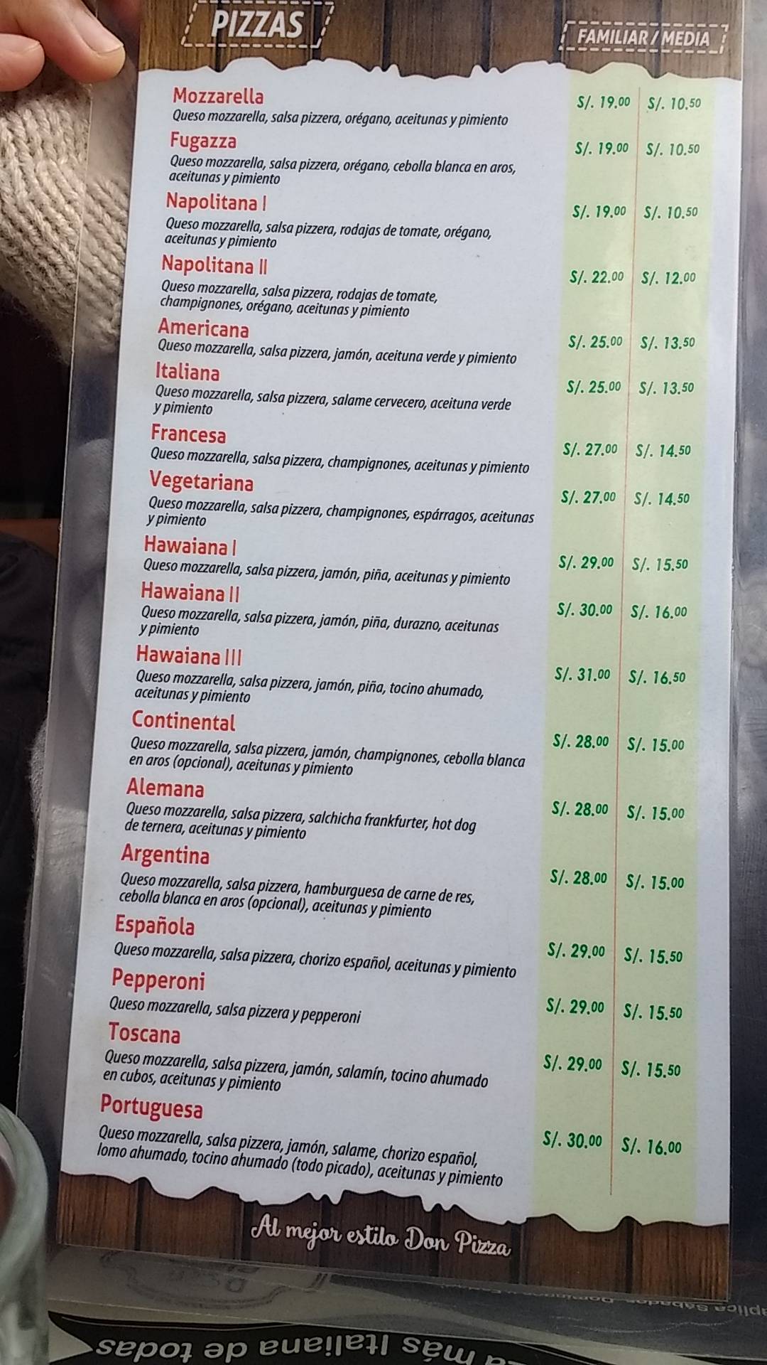 Menu at Don Pizza restaurant, San Luis District, Av. Los Quechuas 1191