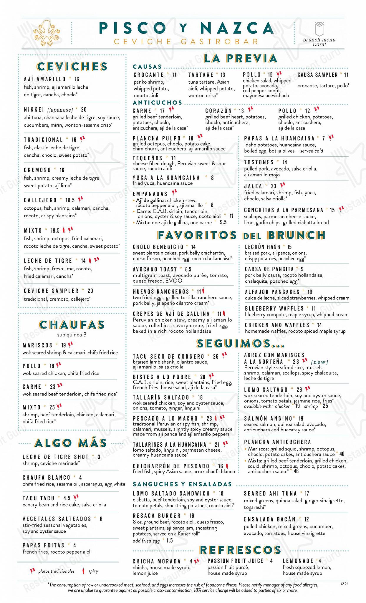 Carta de Pisco y Nazca Ceviche Gastrobar, Doral, NW 53rd St A101