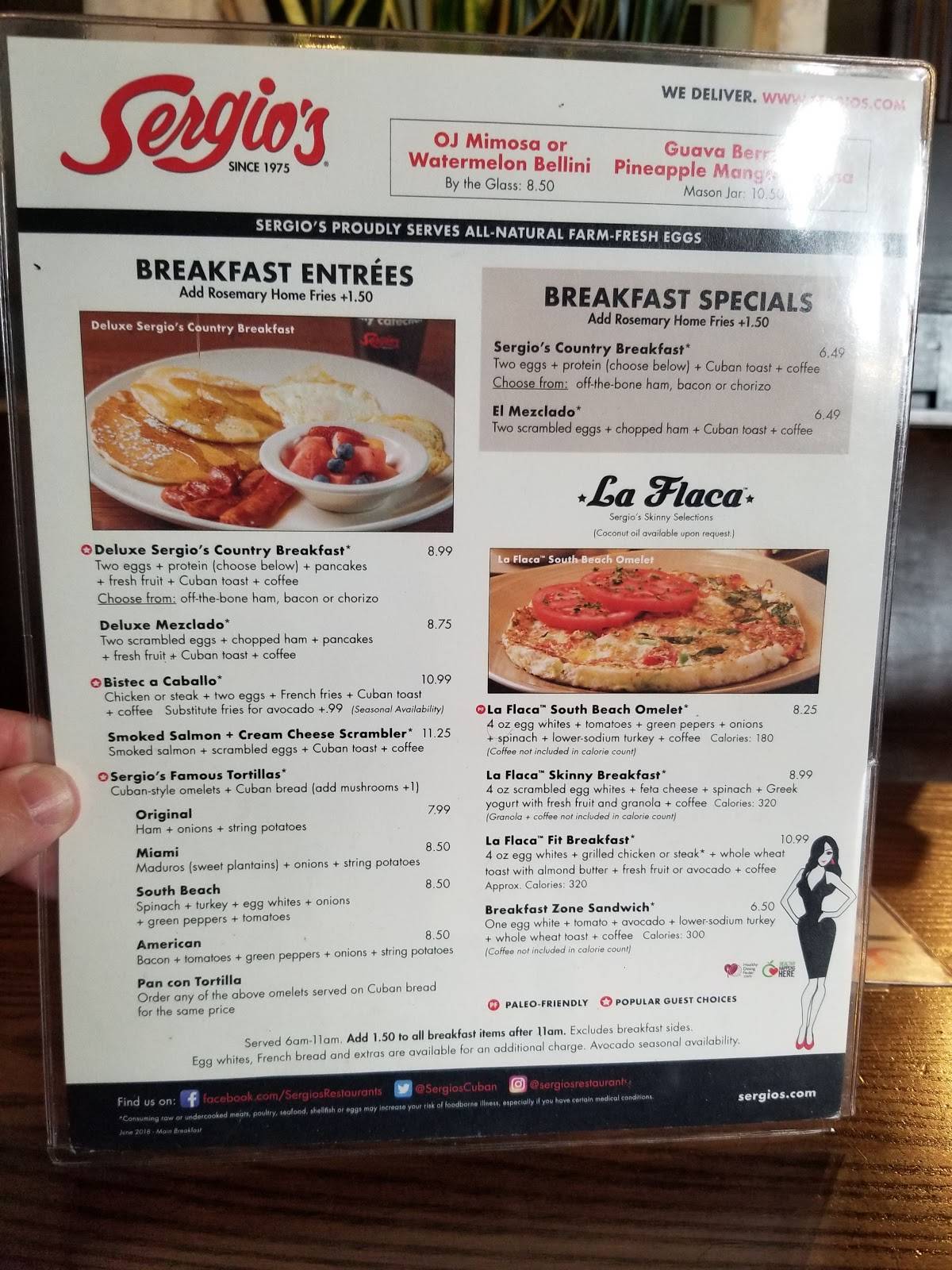 Menu at Sergio's Restaurant, Doral, NW 87th Ave
