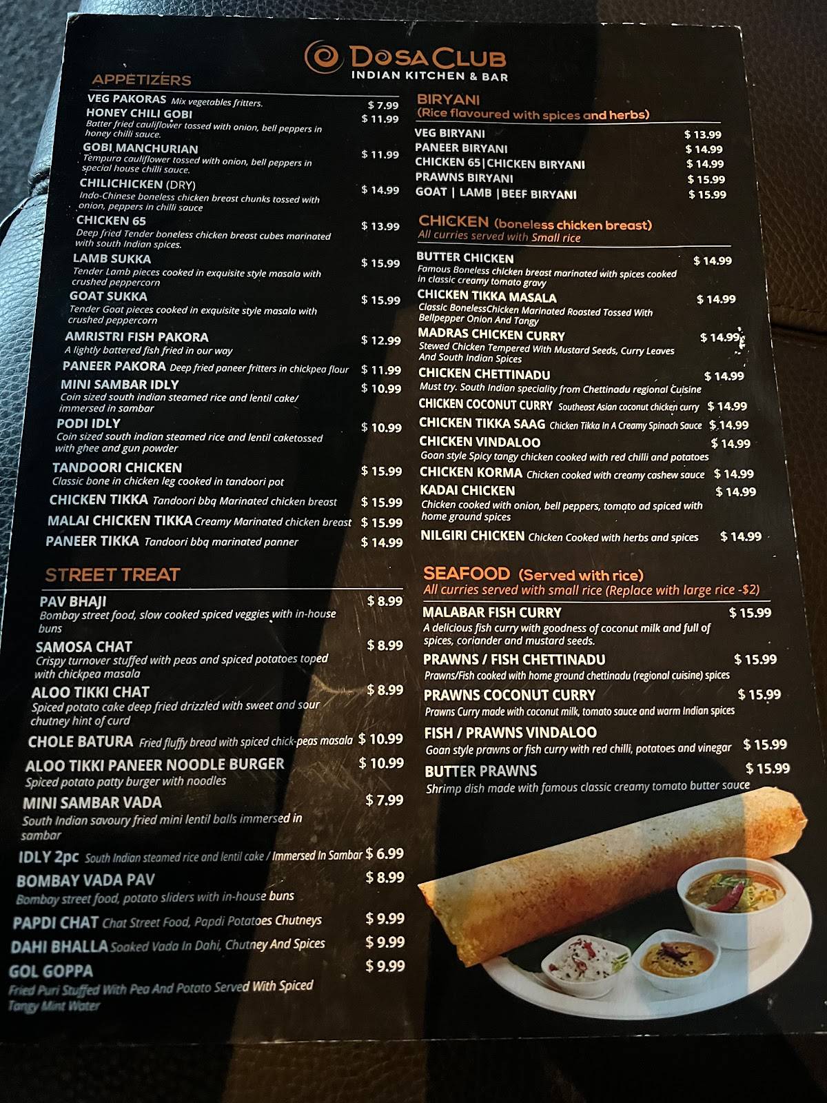Menu at Dosa club Indian kitchen & Bar, Abbotsford