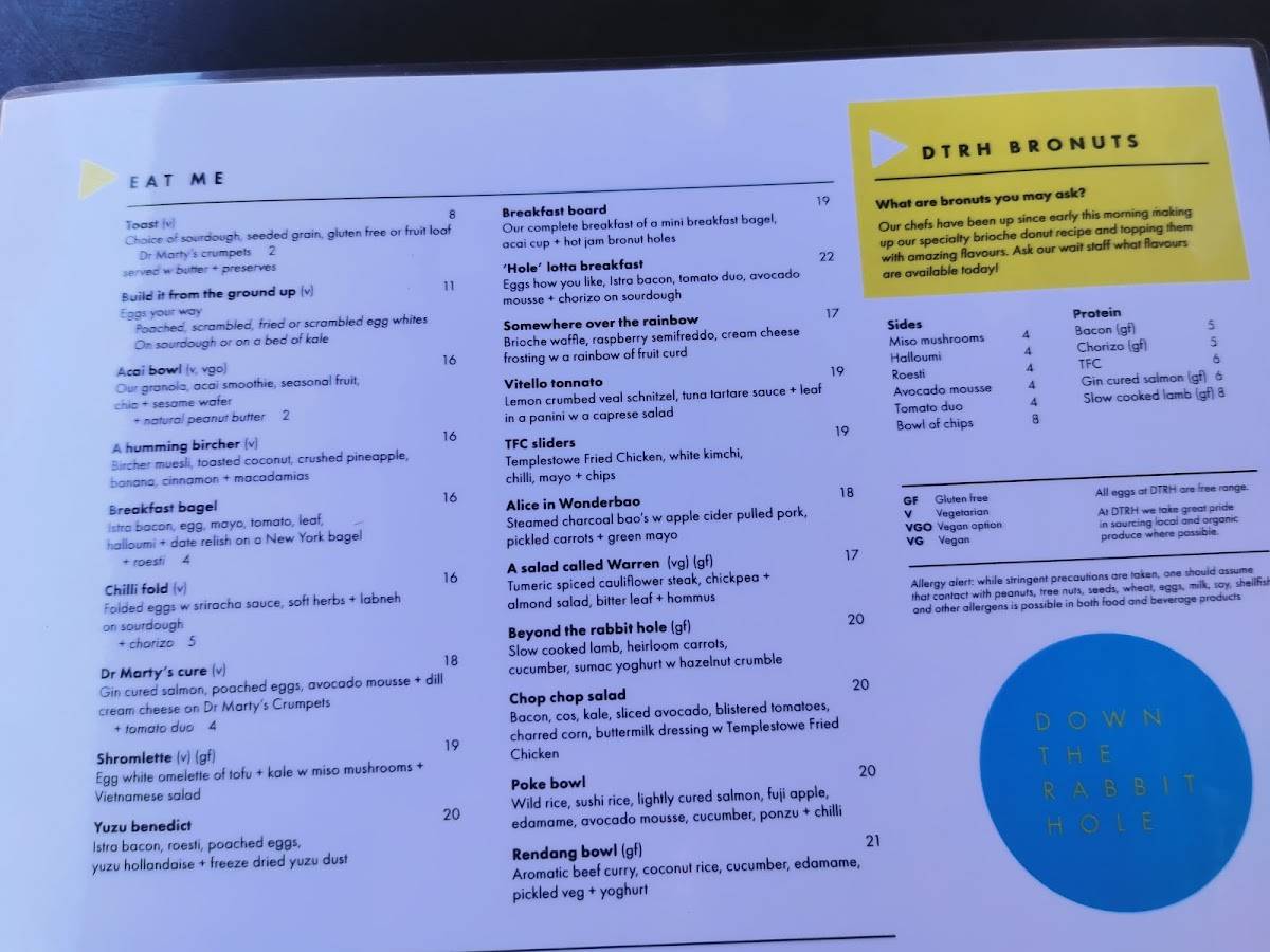 Menu at Down The Rabbit Hole Cafe, Templestowe