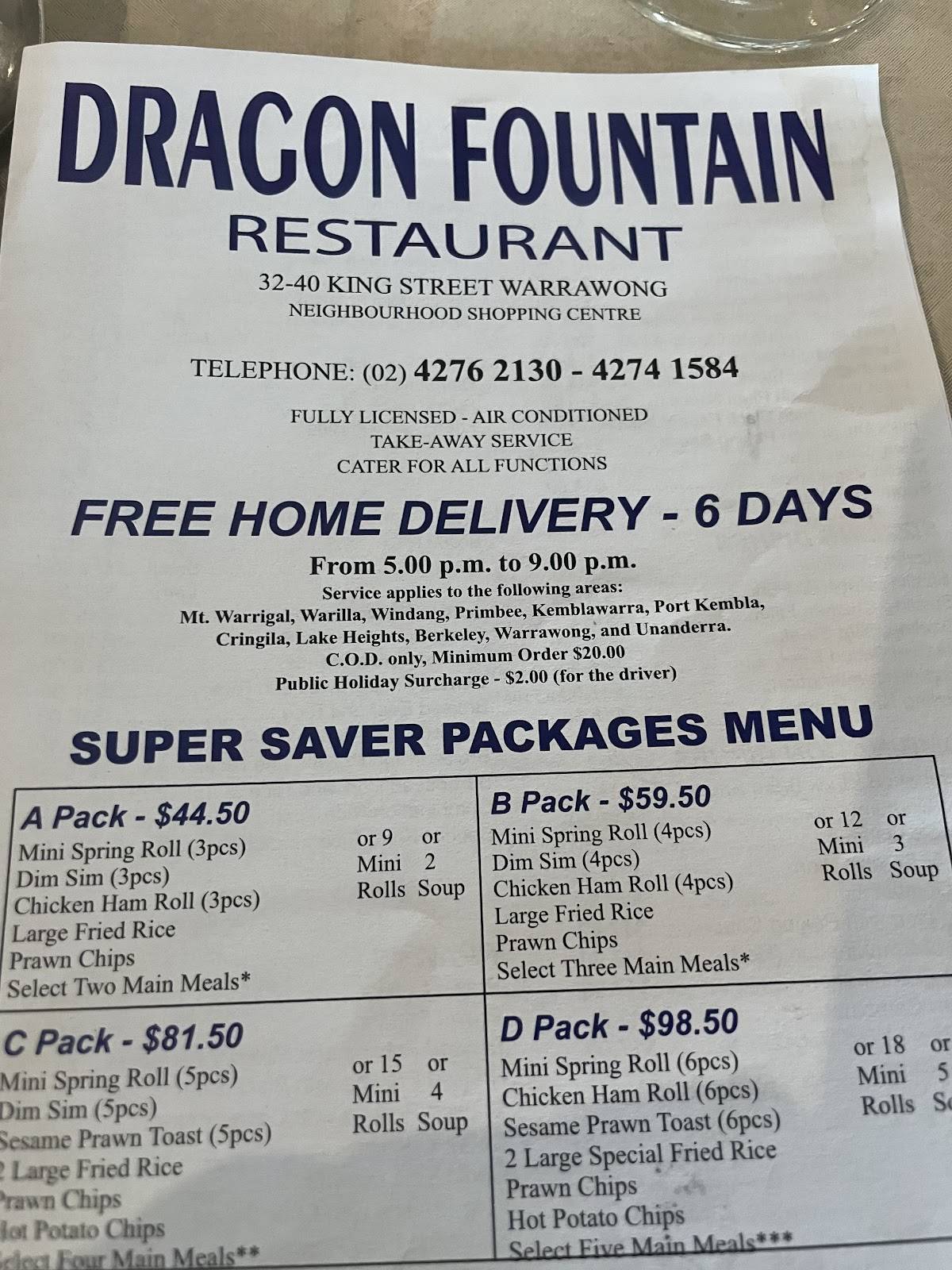 Menu at Dragon Fountain Chinese Restaurant, Warrawong