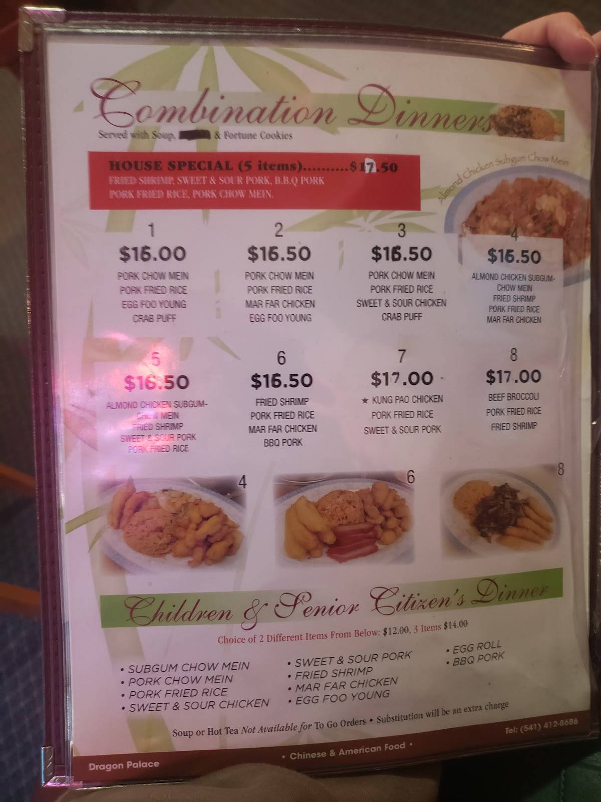 Menu at Dragon Palace restaurant, Brookings