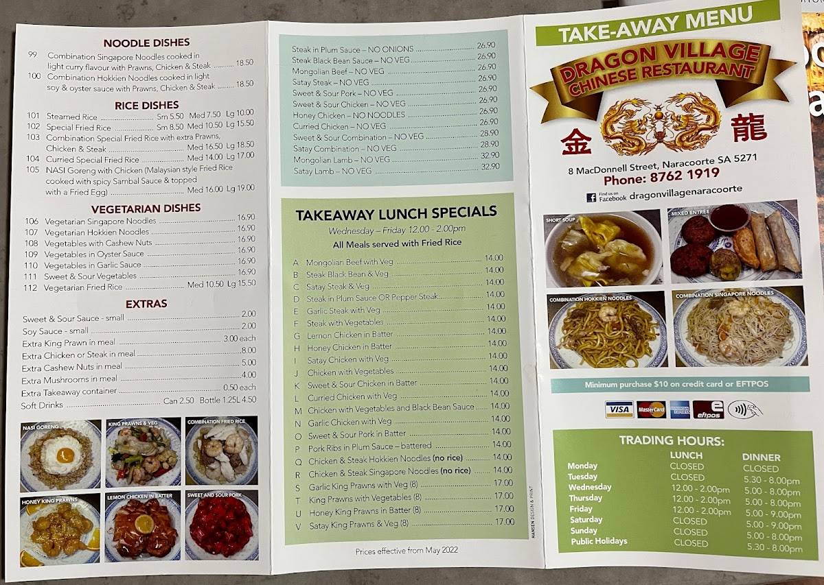 Menu at Dragon Village restaurant, Naracoorte