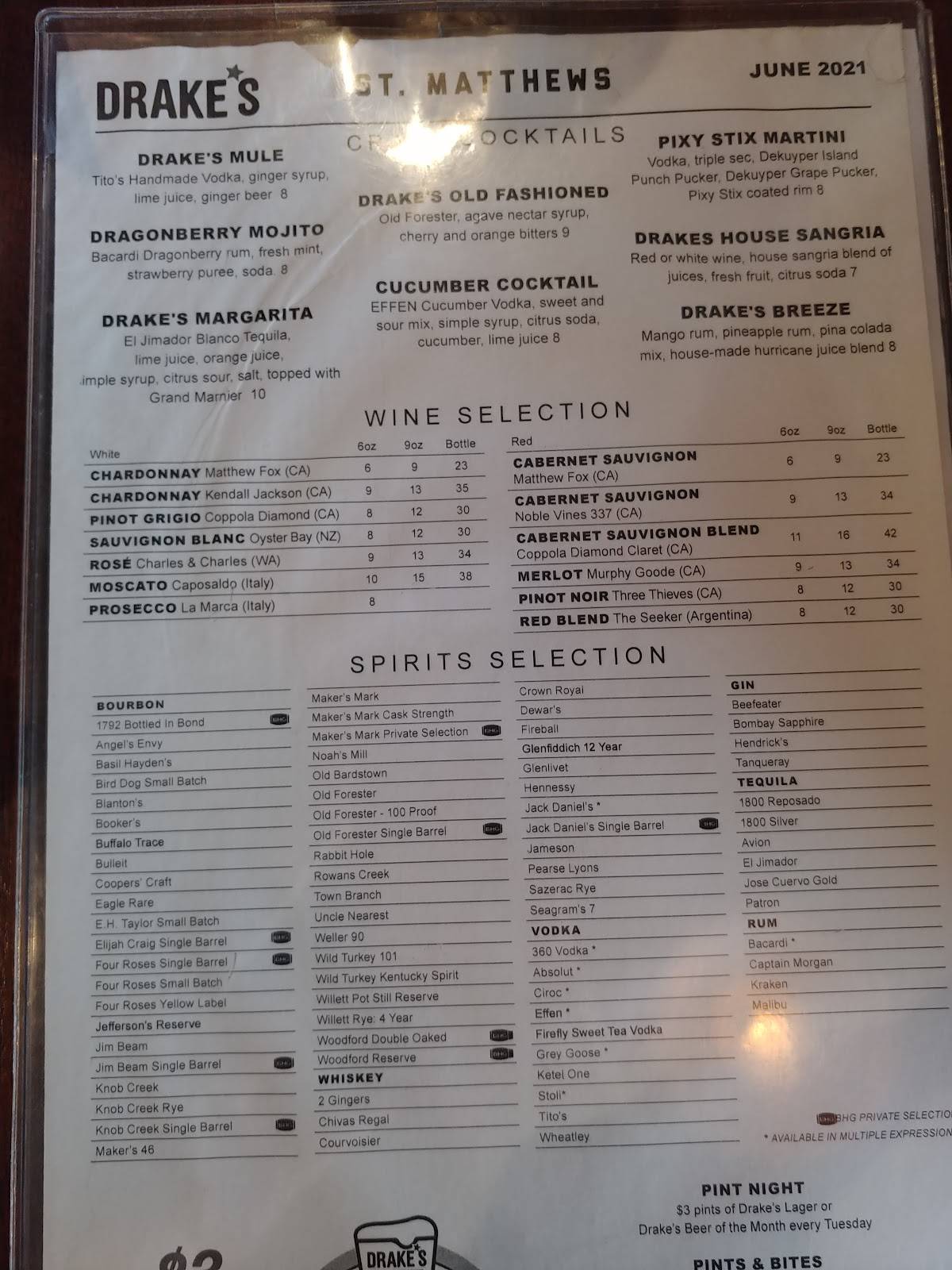 Menu at Drake's - St. Matthews restaurant, Louisville, Shelbyville Rd #101