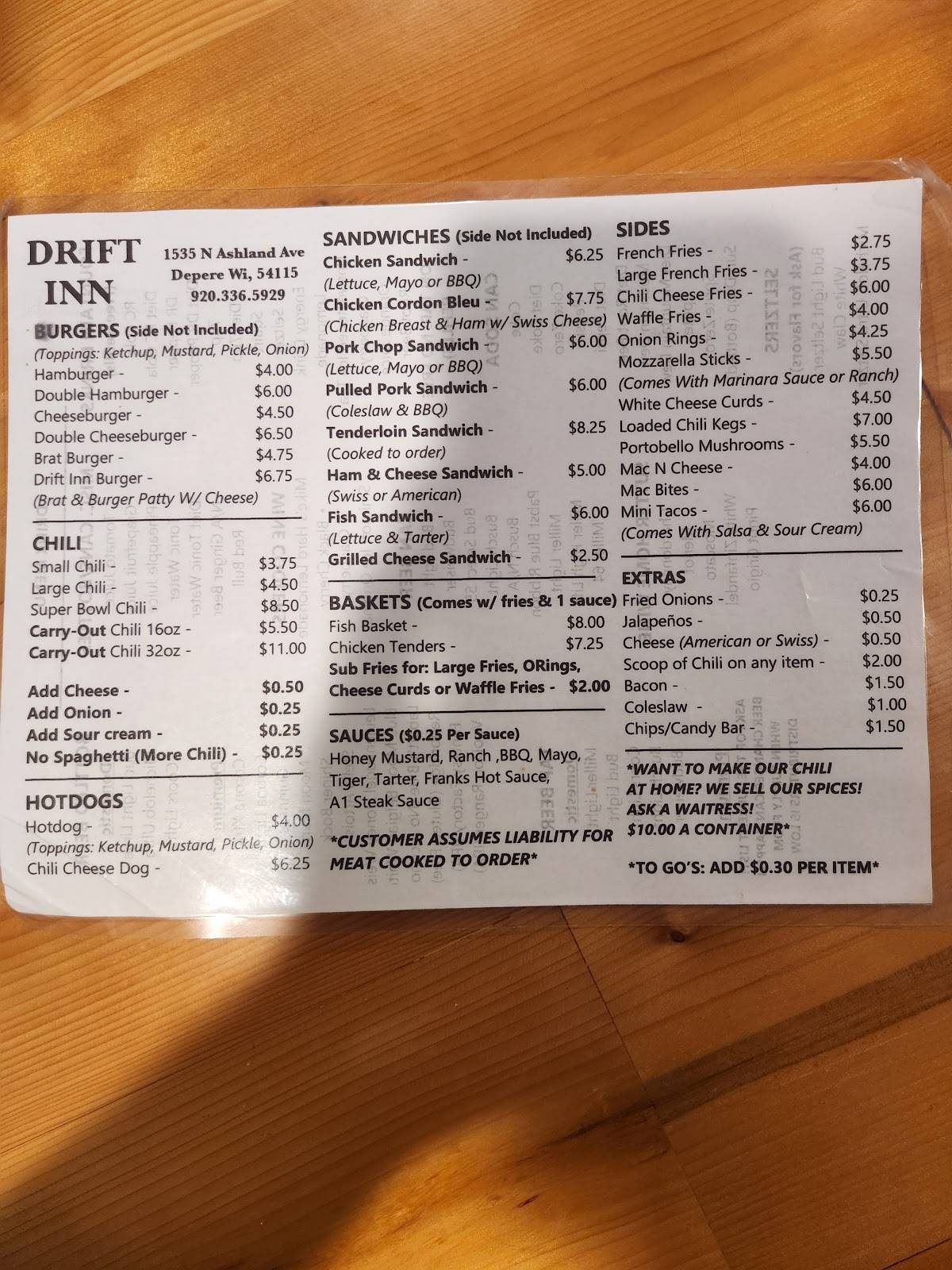 Menu at Drift Inn restaurant, De Pere
