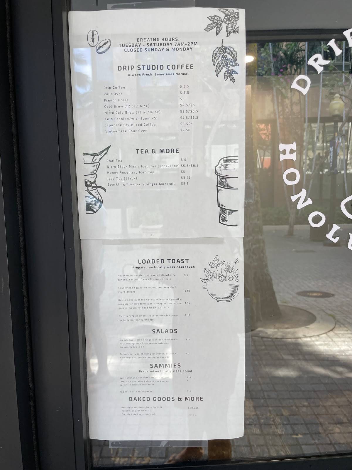 Menu at Drip Studio HNL Specialty Coffee, Honolulu