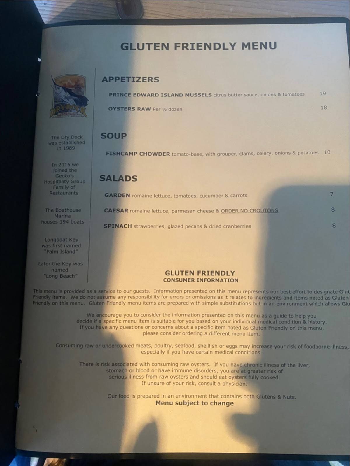 Menu at Dry Dock Waterfront Grill restaurant, Longboat Key