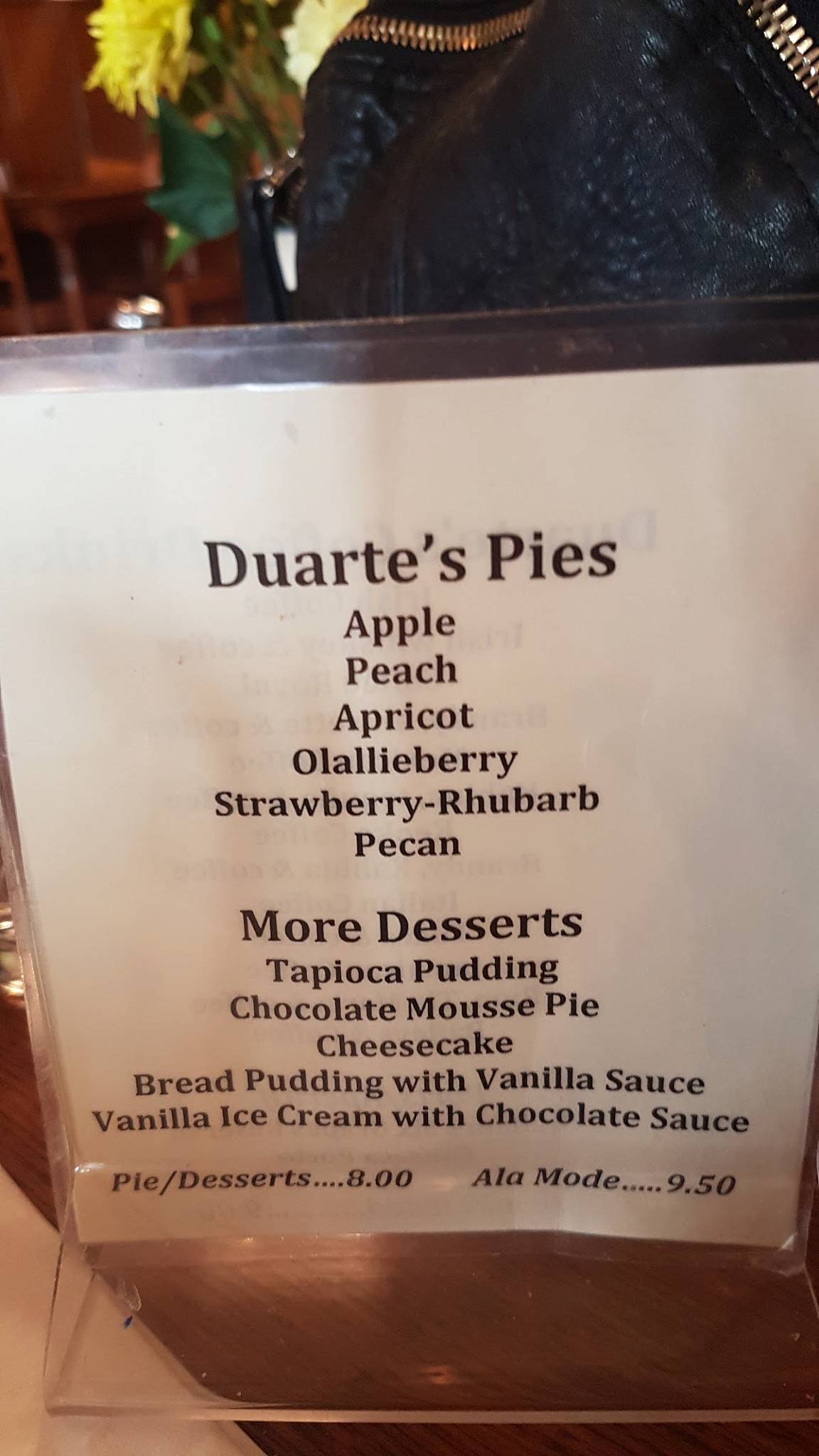 Menu at Duarte's Tavern restaurant, Pescadero