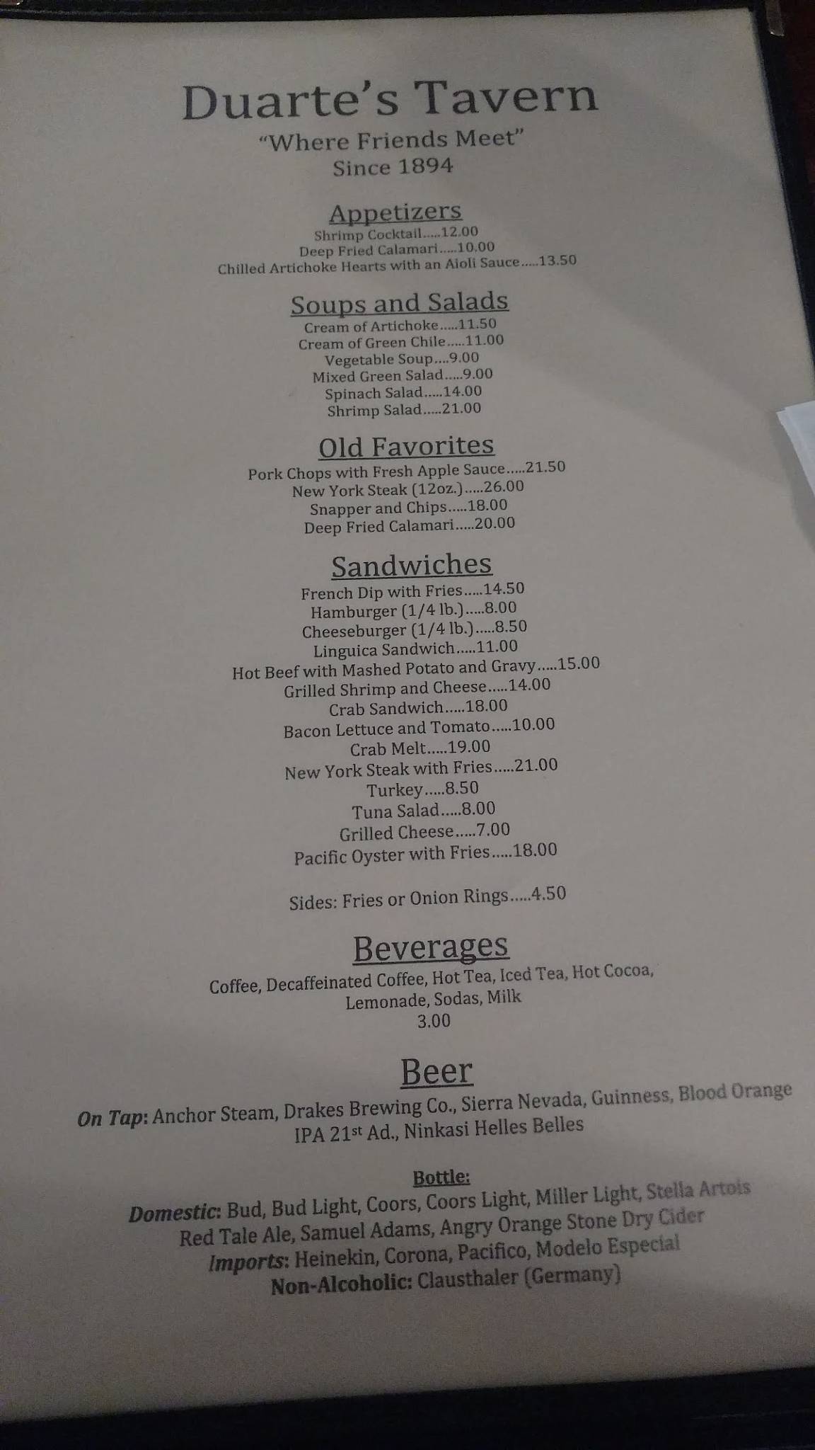Menu at Duarte's Tavern restaurant, Pescadero