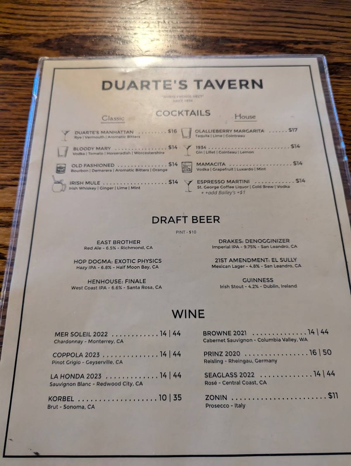 Menu at Duarte's Tavern restaurant, Pescadero